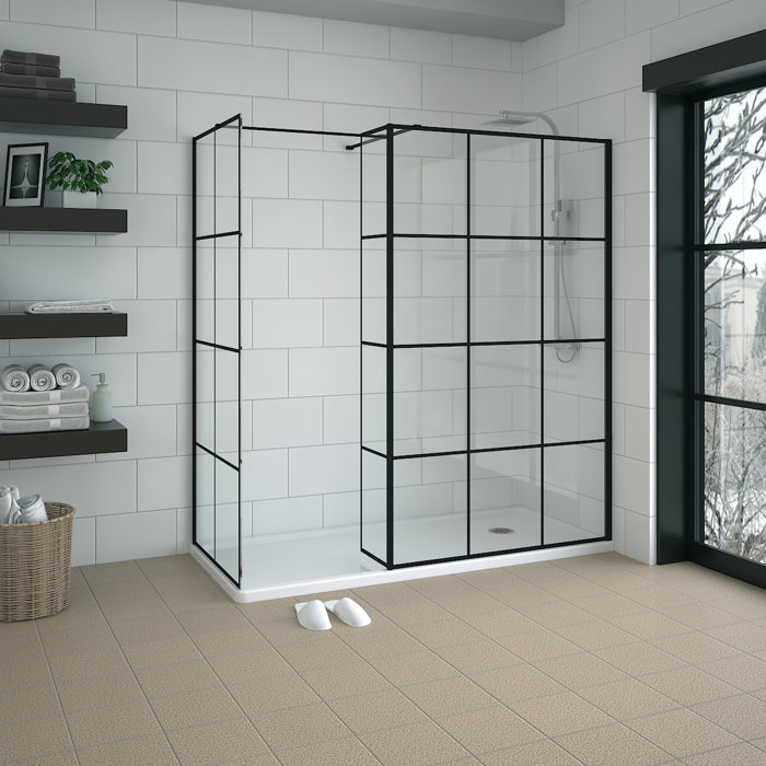 Metro Lane Black Grid Glass Screen with 215mm Return Panel Rectangle Shower Enclosure - 1950 x ...
